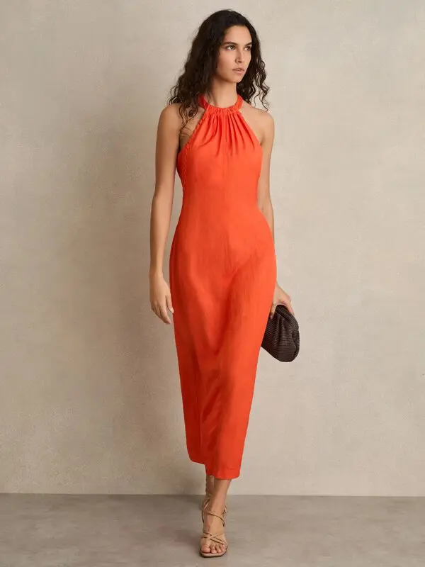 REISS Erika Whipstitch Halterneck Midi Dress