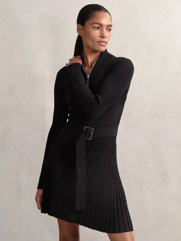 REISS Rib-knit Belted Half-zip Flippy Dress