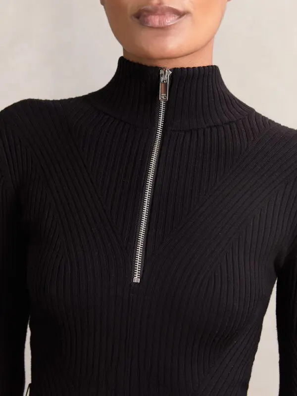 REISS Rib-knit Belted Half-zip Flippy Dress
