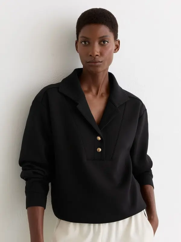 REISS Bella Premium Interlock Collar Sweatshirt - Black