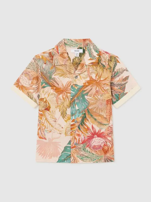 REISS 3-9 Yrs Cotton Tropical-print Cuban-collar Shirt