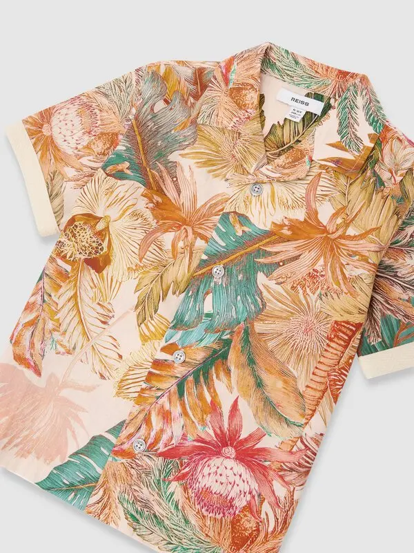 REISS 3-9 Yrs Cotton Tropical-print Cuban-collar Shirt