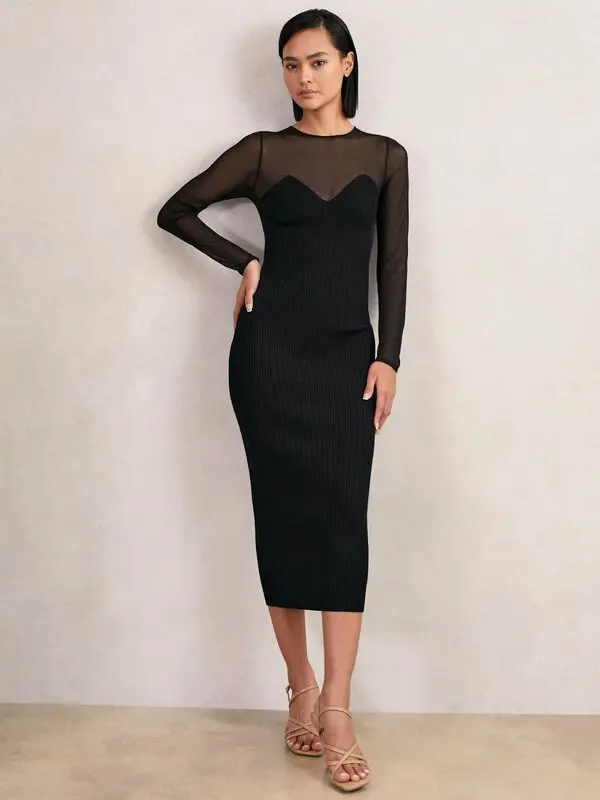 REISS Mesh Rib-knit Sweetheart Midi Dress - Black