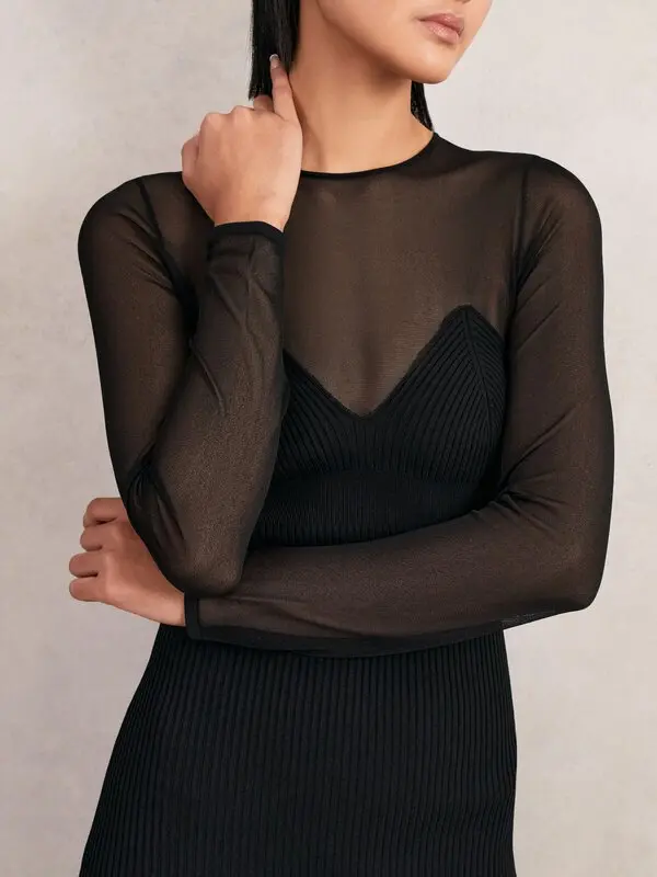 REISS Mesh Rib-knit Sweetheart Midi Dress