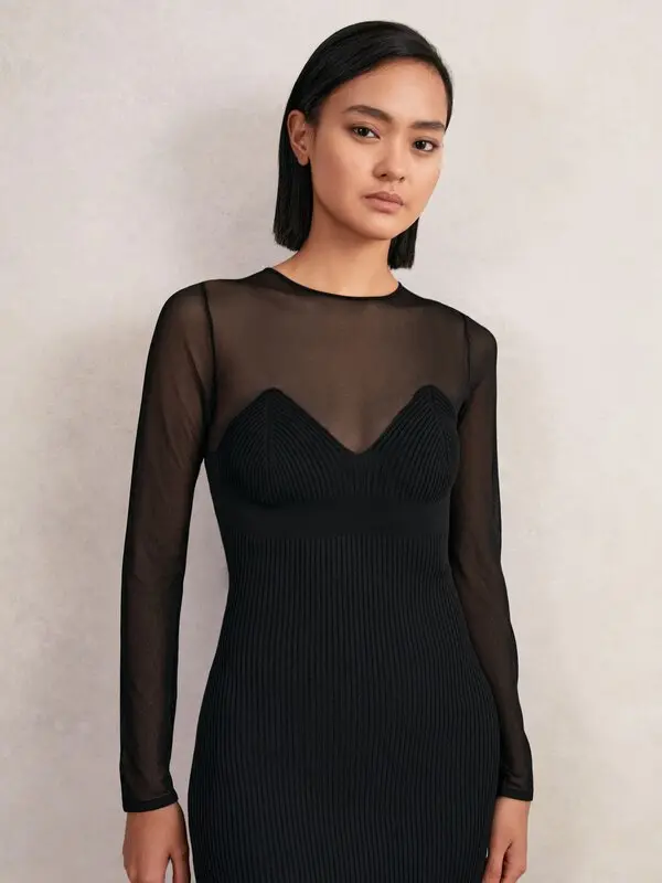 REISS Mesh Rib-knit Sweetheart Midi Dress