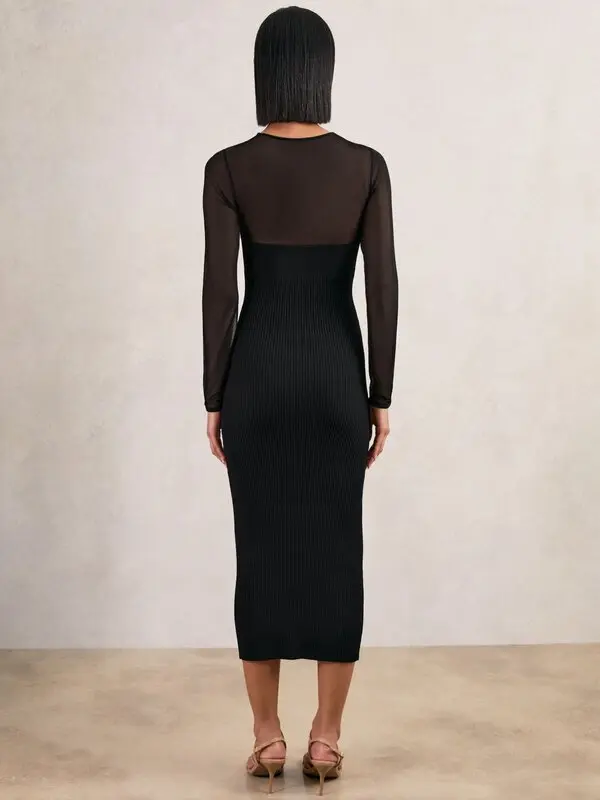 REISS Mesh Rib-knit Sweetheart Midi Dress