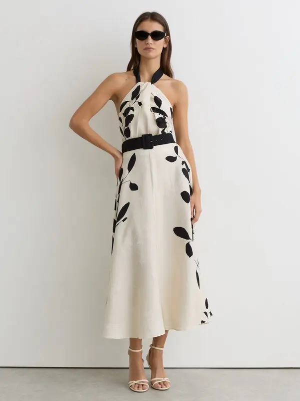 REISS Jacquard Printed Halterneck Midi Dress - Ivory/black