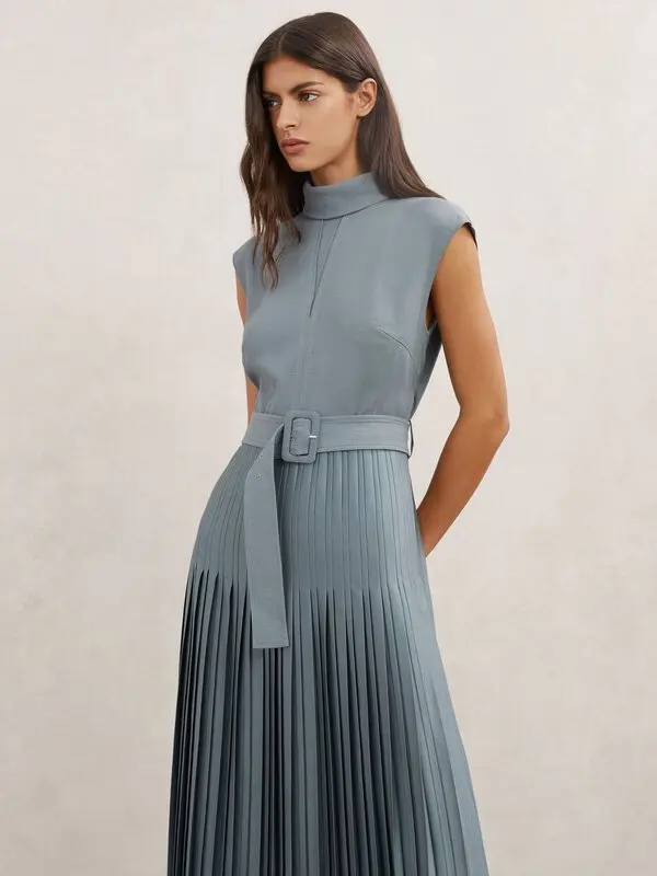 REISS Roll-neck Belted Pleated Midi Dress