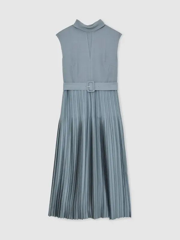 REISS Roll-neck Belted Pleated Midi Dress