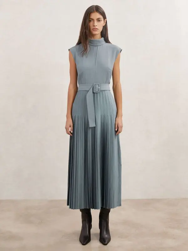 REISS Roll-neck Belted Pleated Midi Dress