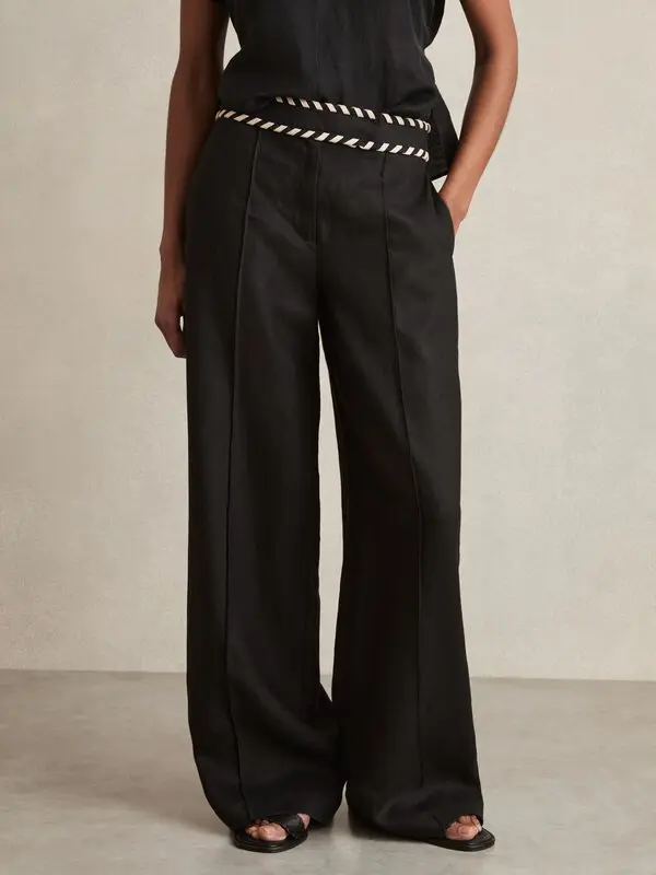 REISS Linen Wide-leg Whipstitch Trousers