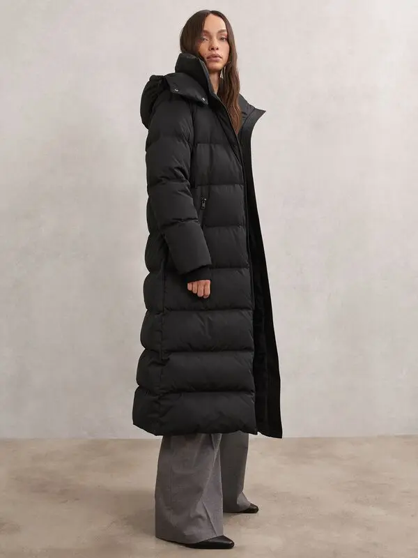 REISS Petite Belted Longline Hooded Puffer Coat - Black