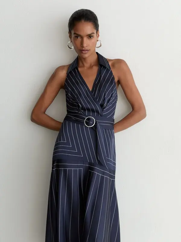 REISS Striped Sleeveless Collared Midi Dress
