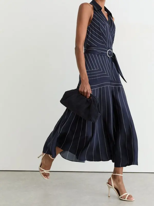 REISS Striped Sleeveless Collared Midi Dress