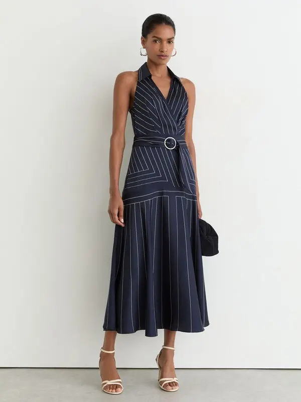 REISS Striped Sleeveless Collared Midi Dress
