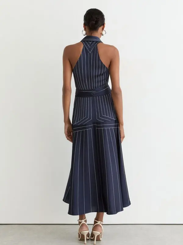 REISS Striped Sleeveless Collared Midi Dress