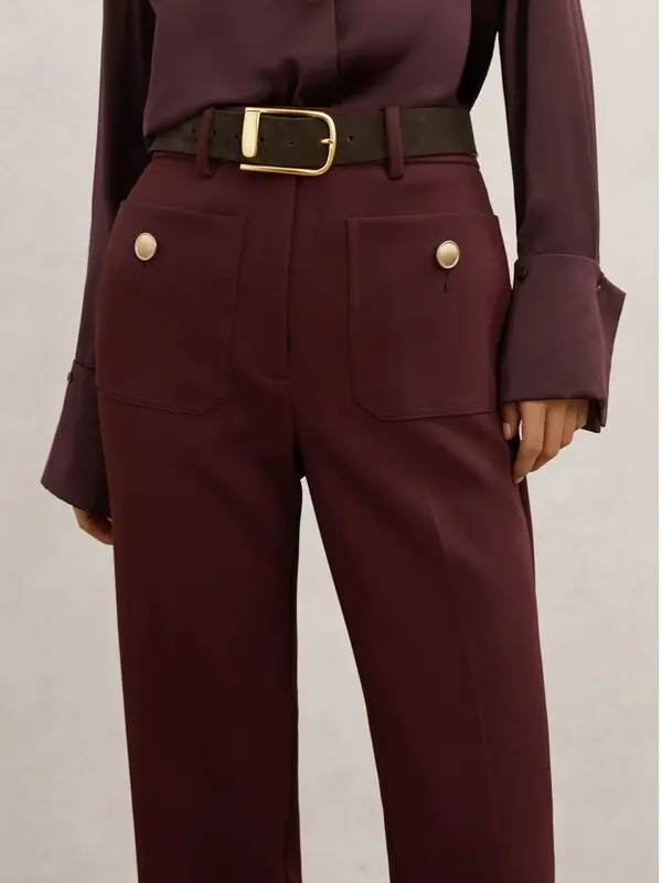 REISS Button-pocket Flared Trousers - Dark Red