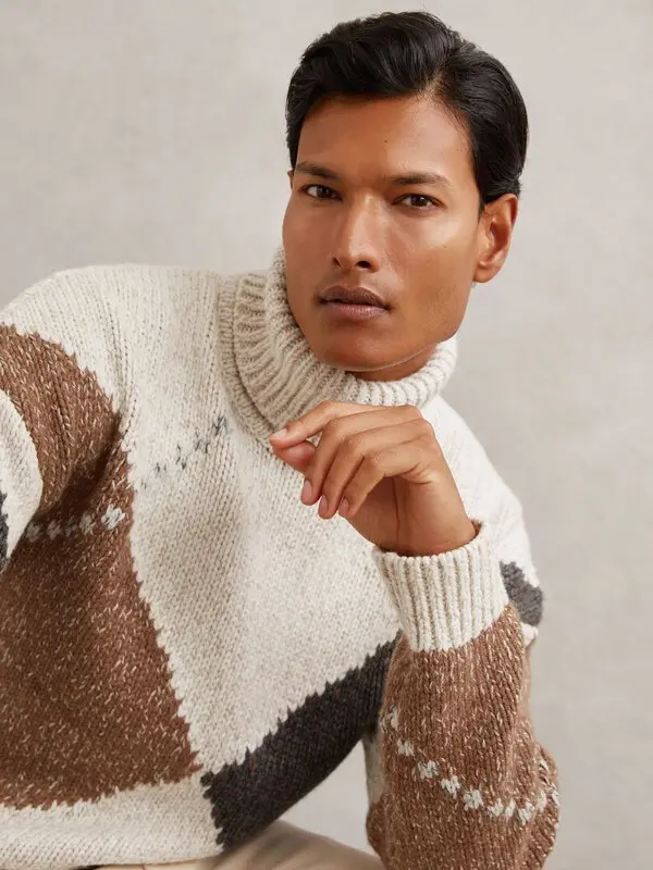 REISS Wool-blend Roll-neck Argyle Jumper