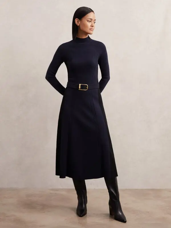 REISS Zadie Knitted Contrast Panel Midi Dress