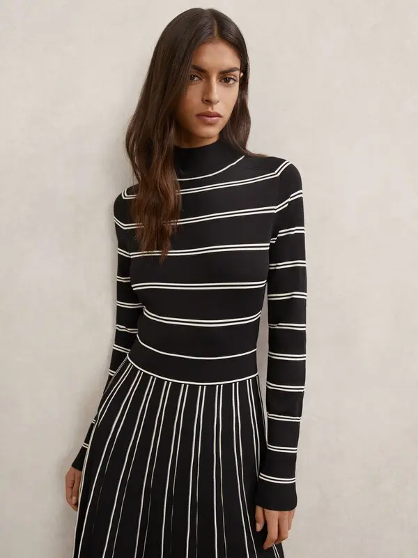 REISS Stripe Pleated Knitted Midi Dress
