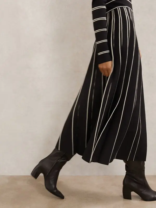 REISS Stripe Pleated Knitted Midi Dress
