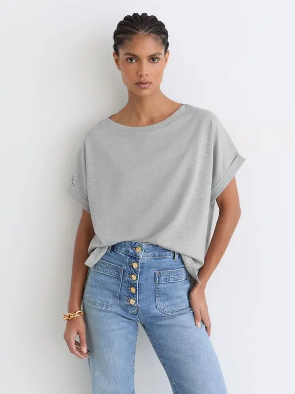 REISS Cotton Wide-neck Relaxed-fit T-shirt - Grey Marl