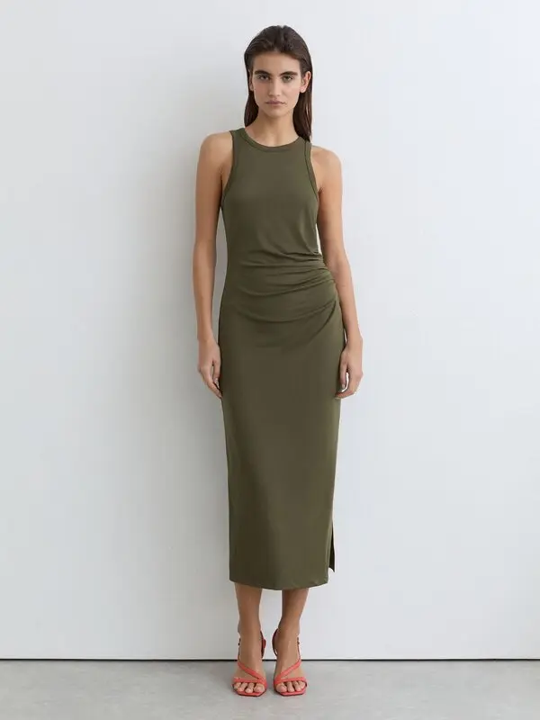 REISS Jersey Ruched Racer Midi Dress - Khaki