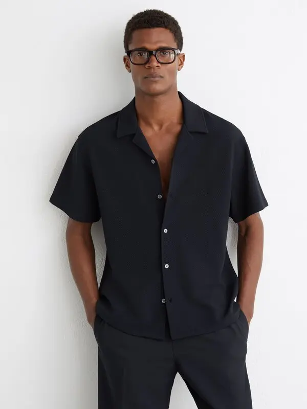 REISS Textured Cuban-collar Shirt - Navy