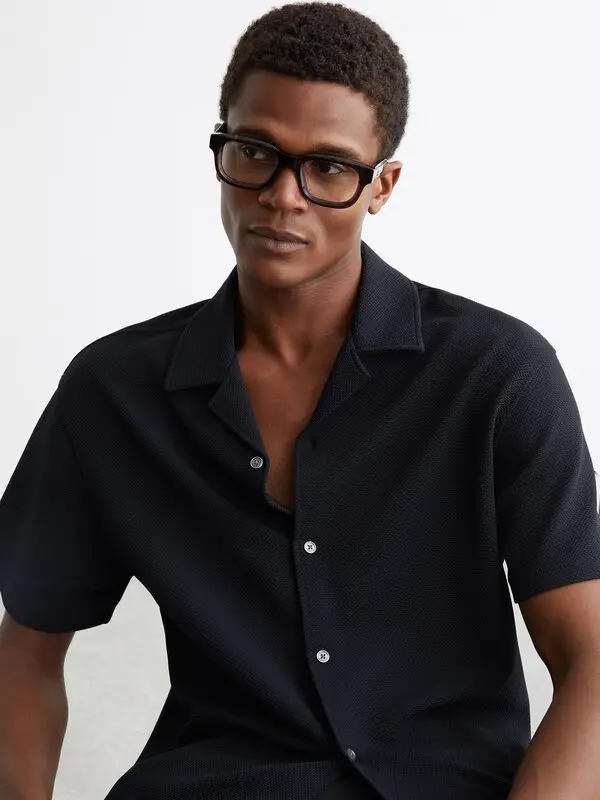 REISS Textured Cuban-collar Shirt - Navy