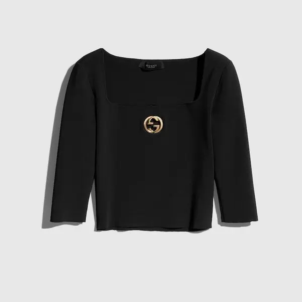 Gucci Fine Wool Top With Gg Crystal Embroidery - Black