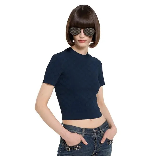 Gucci Fine Woo Gg Crysta Top, Size - Blue