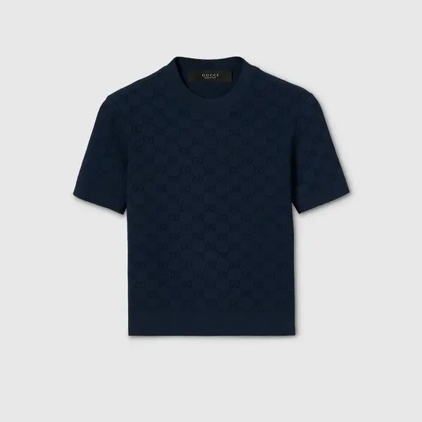 Gucci Fine Wool Top With Gg Crystal Embroidery - Blue