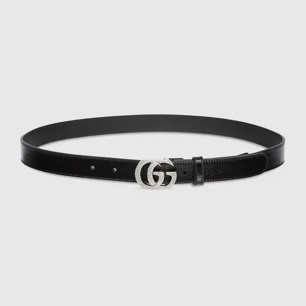 Gucci Gg Marmont Thin Leather Belt With Double G Buckle - Black