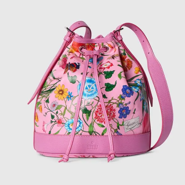Gucci Small Bucket Bag With Floral Motif - Beige