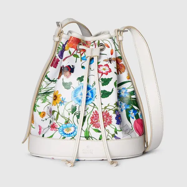 Gucci Small Bucket Bag With Floral Motif - White