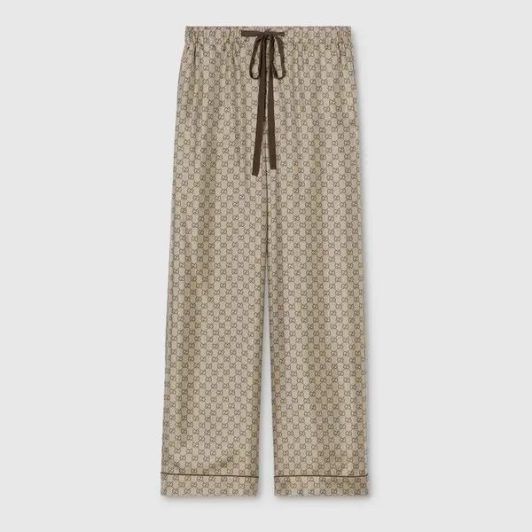 Gucci Gg Supreme Print Silk Trousers - Beige