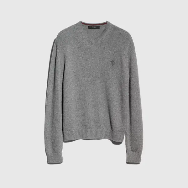 Gucci V-neck Knit T-shirt With Engraved Tag - Grey