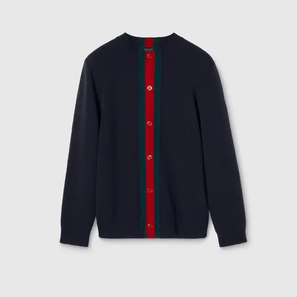Gucci Wool Knit Cardigan With Web Detail - Blue