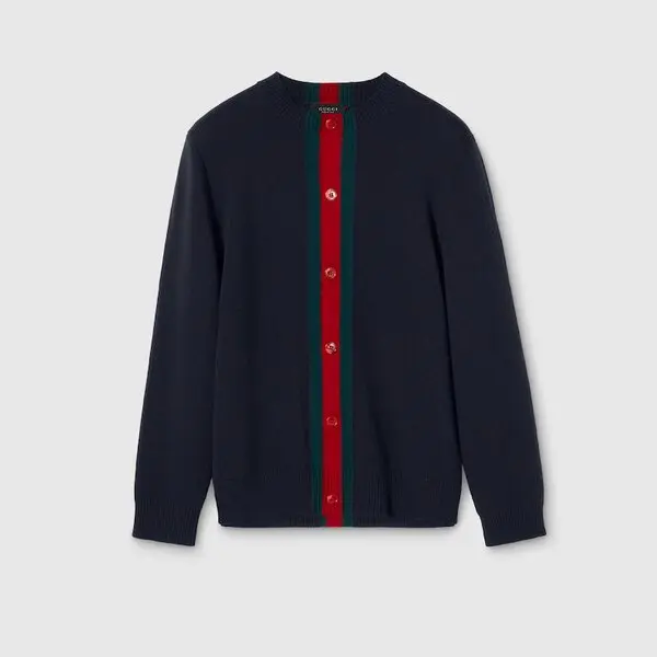 Gucci Wool Knit Cardigan With Web Detail - Blue