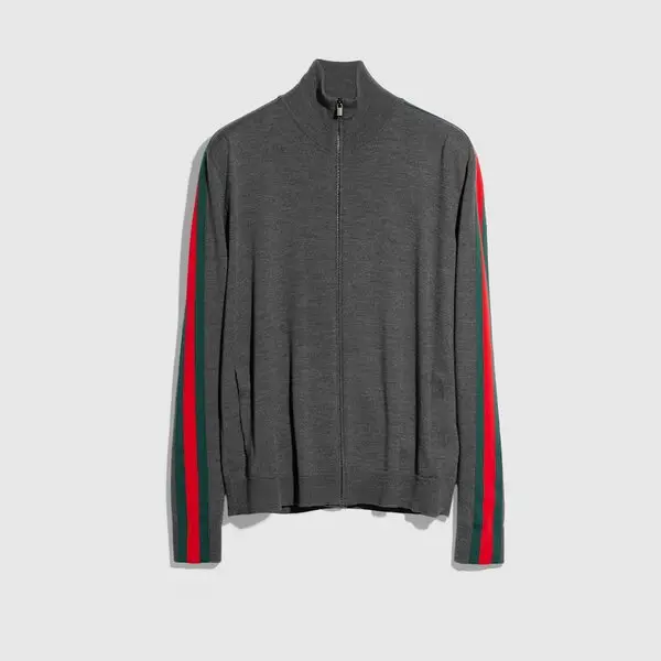 Gucci Woo Knit Cardigan With Web, Size - Grey