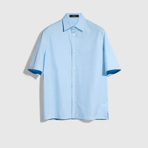 Gucci Gg Canvas Linen Blend Bowling Shirt, Size - Blue
