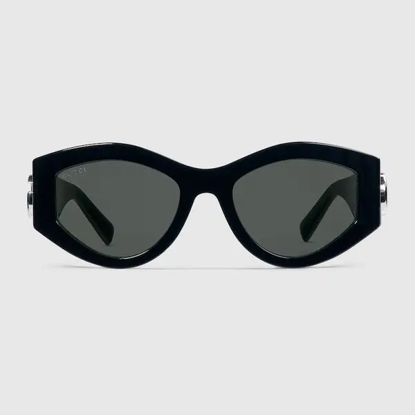 Gucci Tone Oval Frame Sunglasses With Double G Detail - Black