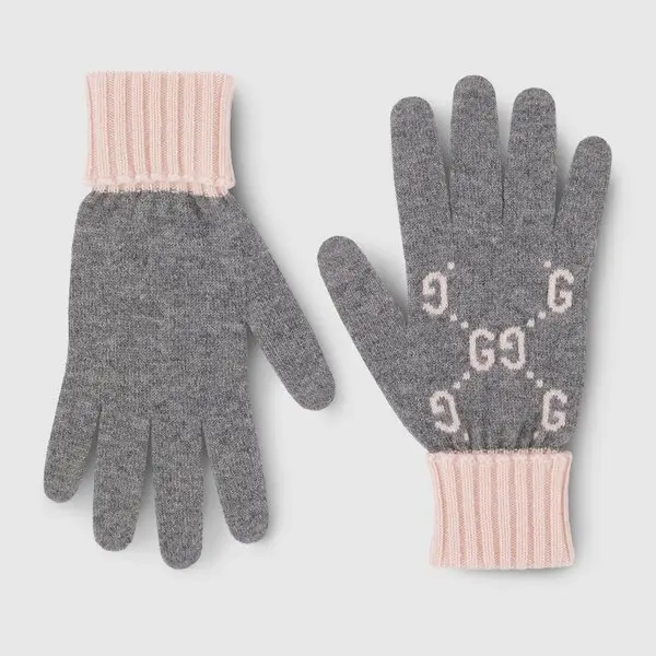 Gucci Ribbed Wool Cashmere Gloves With Double G Detail - Grey