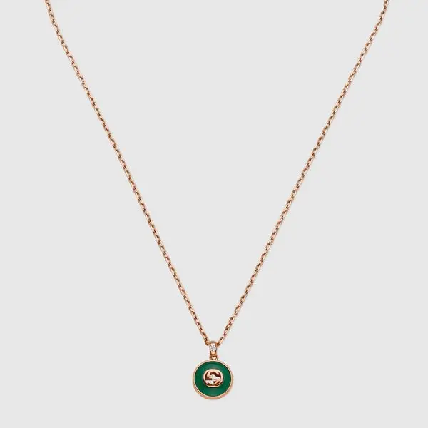Gucci Interlocking G 18k Rose And Green Agate Chain Necklace With Diamond - Gold