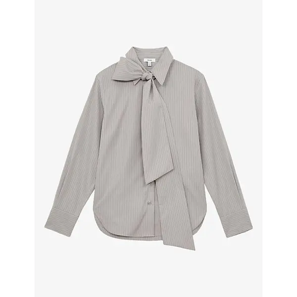REISS Elowen Striped Tie-neck Cotton Shirt - Grey