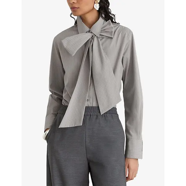 REISS Elowen Striped Tie-neck Cotton Shirt - Grey