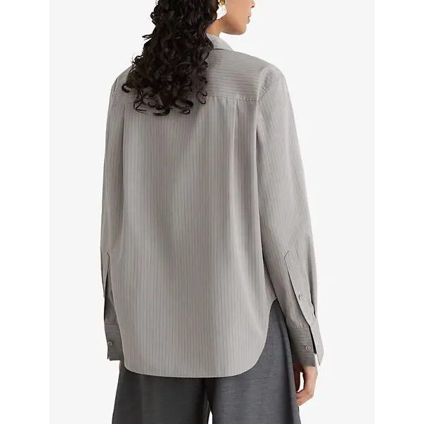 REISS Elowen Striped Tie-neck Cotton Shirt - Grey