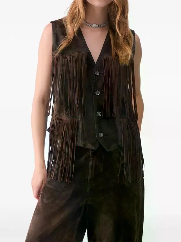 Liu Jo Fringed Vest In Flocked Fabric - Brown