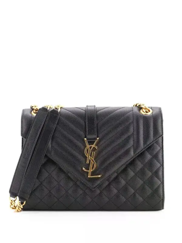 Saint Laurent Classic Monogram Envelope Satchel Mixed Matelasse Leather Medium Shoulder Bag - Black