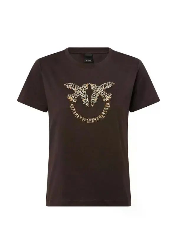 Pinko T-shirt With Love Birds Jewel Maxi Embroidery - Brown